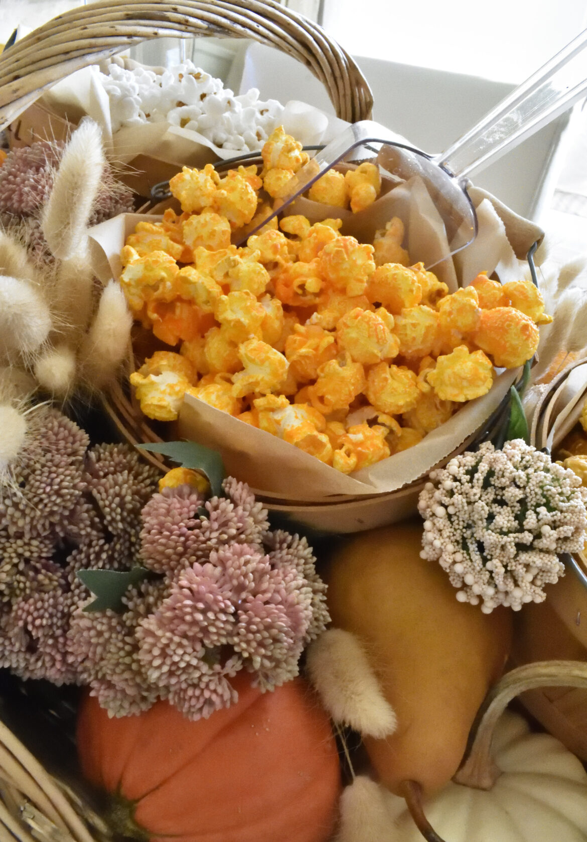 A Thanksgiving popcorn cornucopia is a delicious centerpiece!