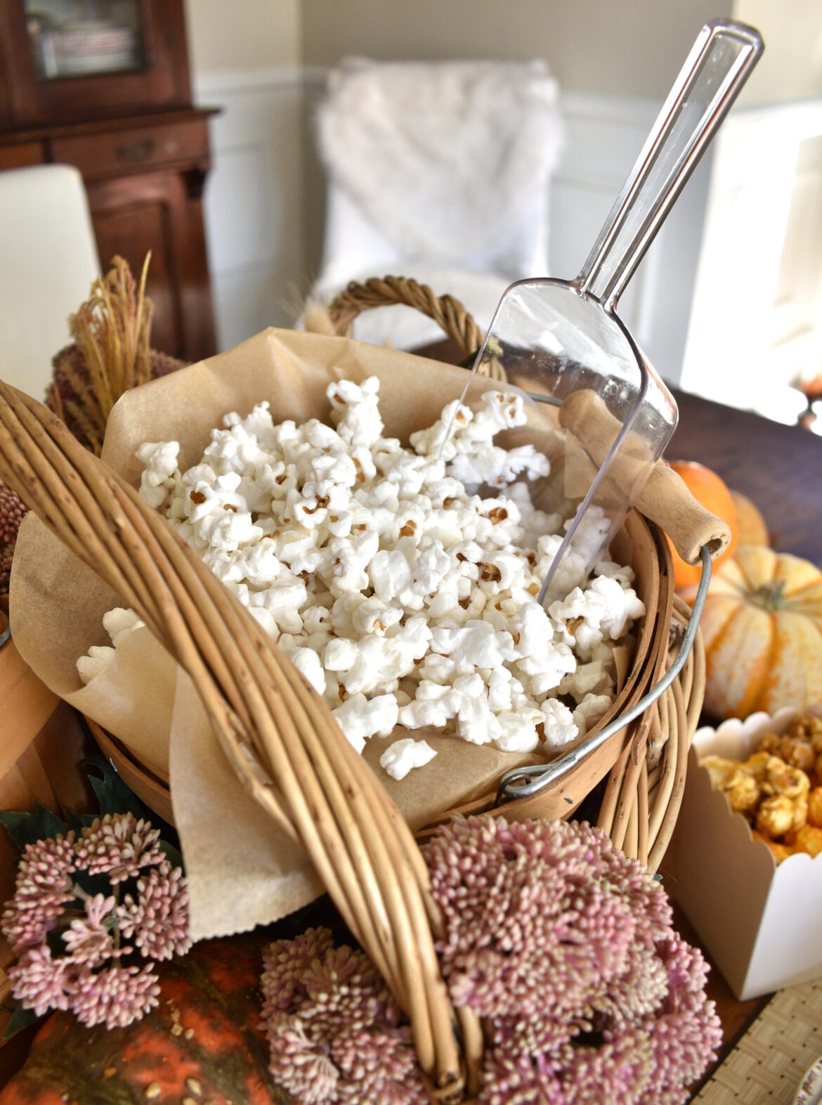 A Thanksgiving popcorn cornucopia is a delicious centerpiece!