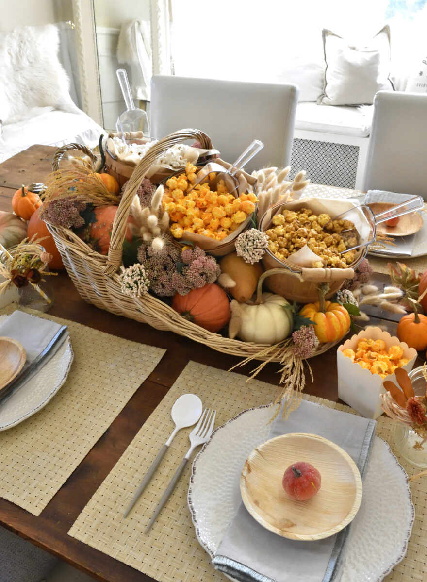 A Thanksgiving popcorn cornucopia is a delicious centerpiece!