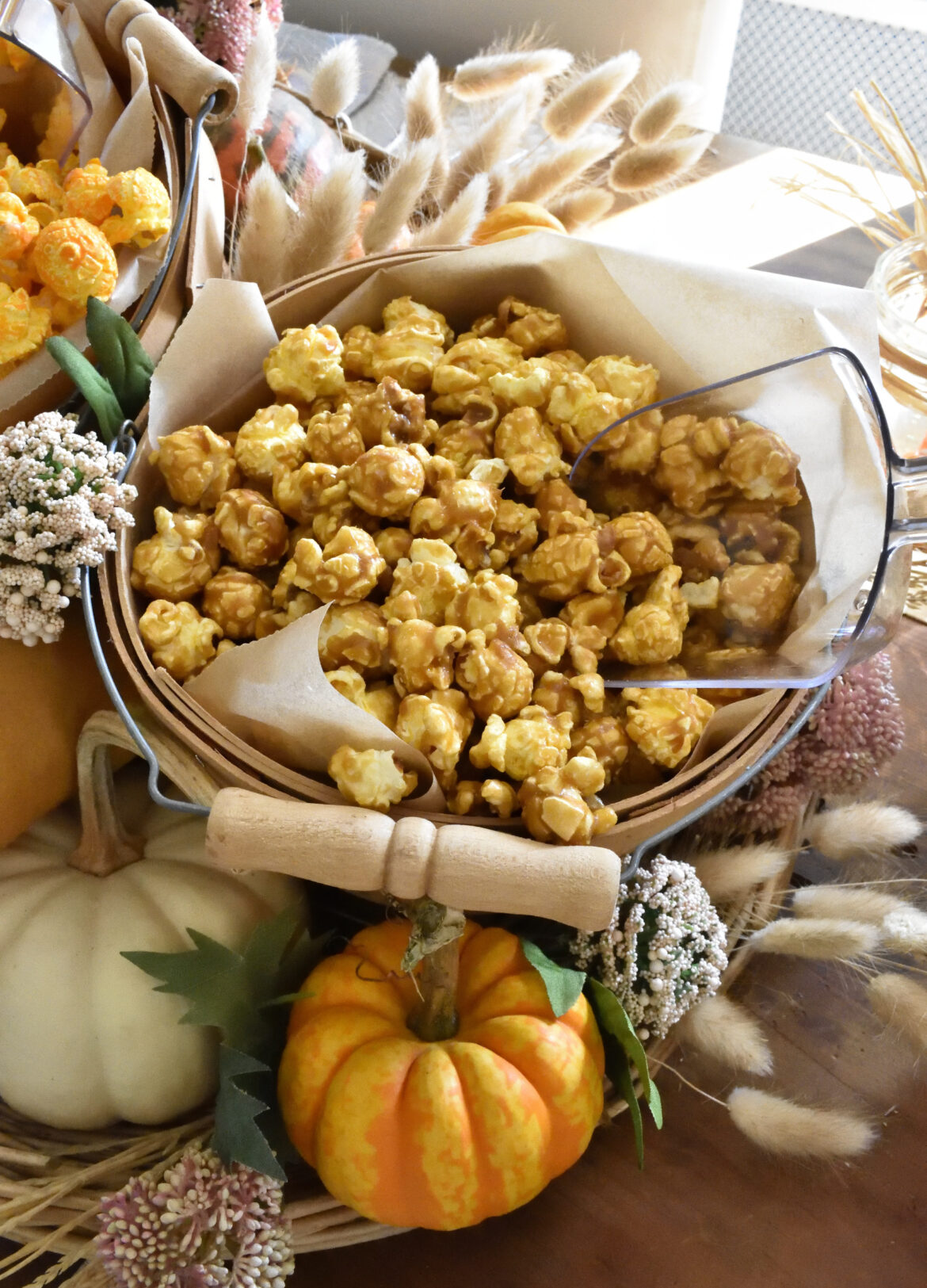 A Thanksgiving popcorn cornucopia is a delicious centerpiece!